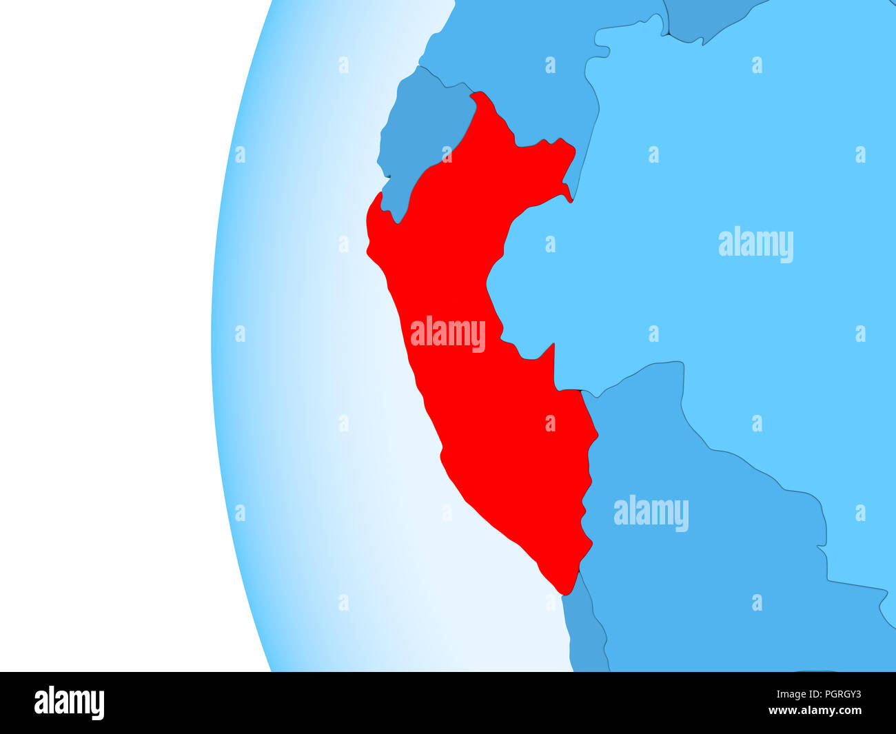 3D render of Peru in red on blue political globe with transparent ...