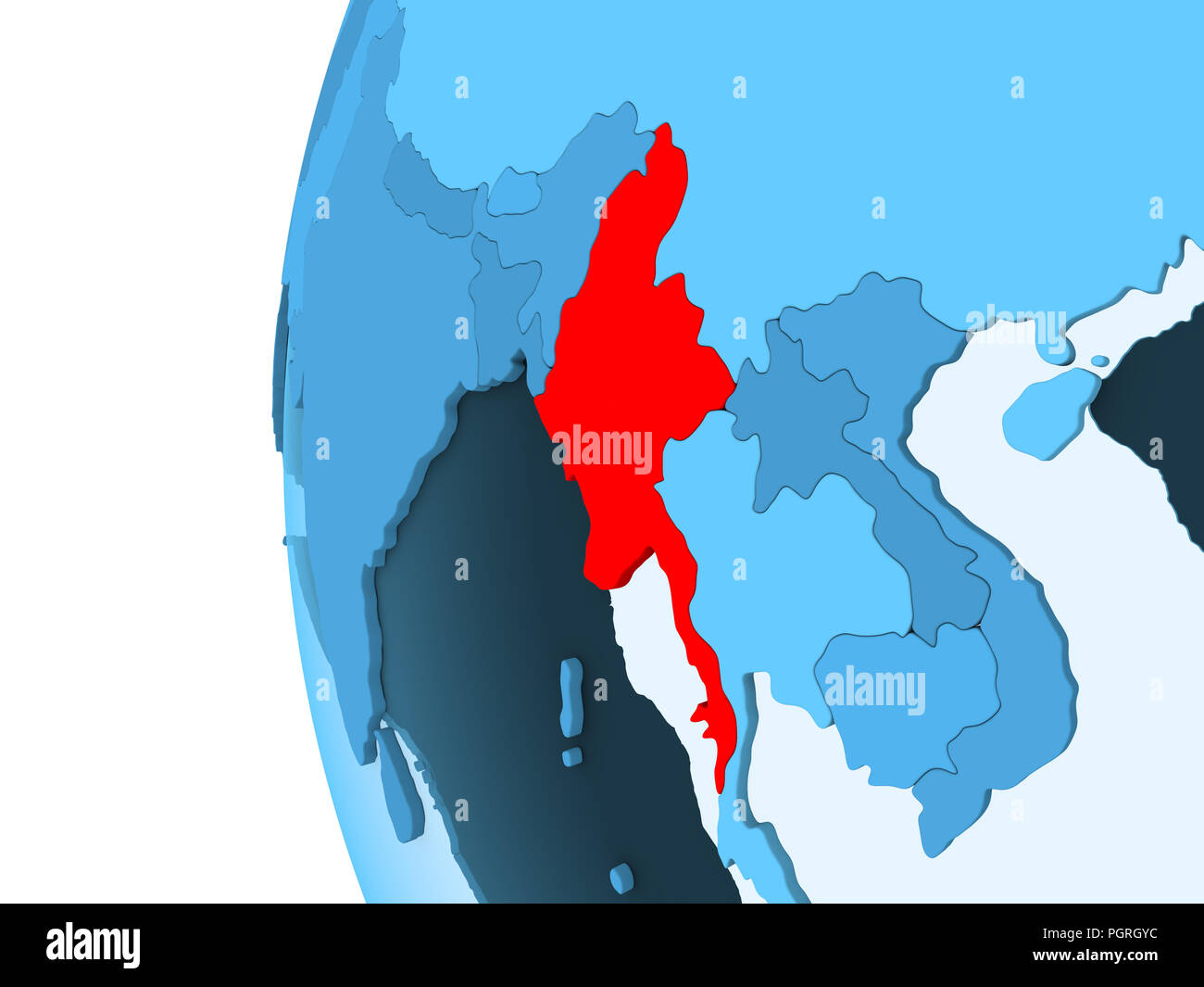 3D render of Myanmar in red on blue political globe with transparent ...