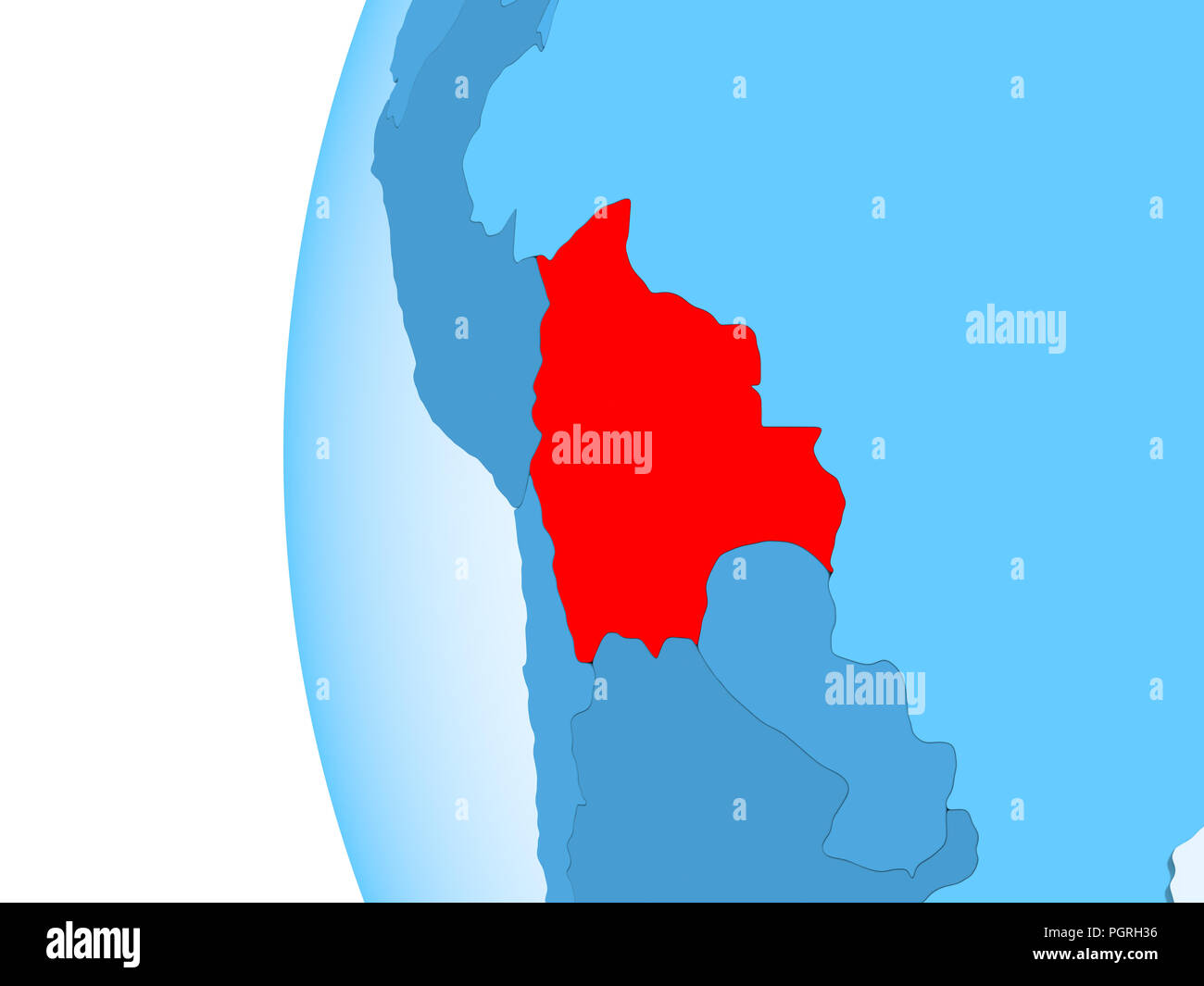 3D render of Bolivia in red on blue political globe with transparent ...