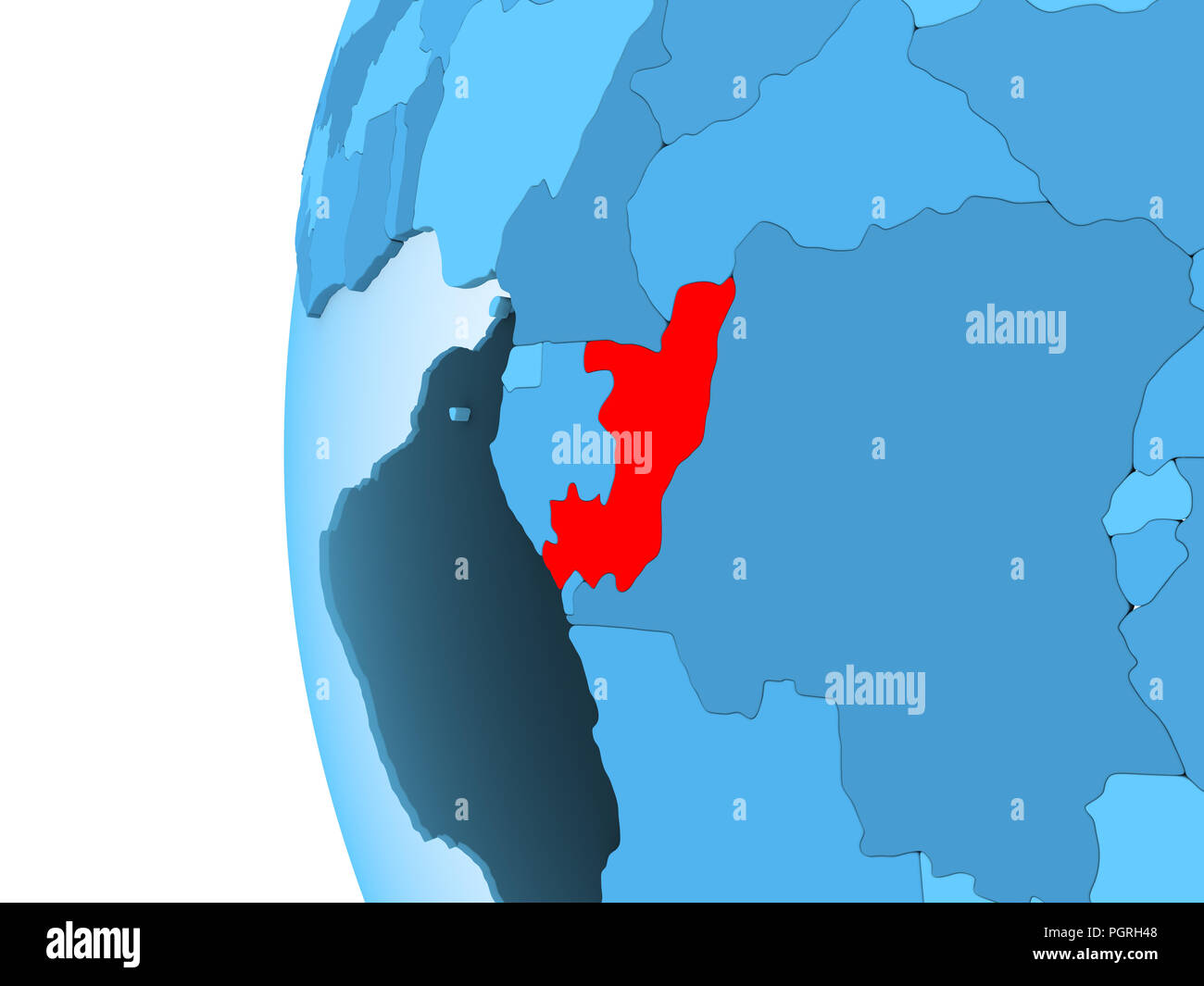 3D render of Congo in red on blue political globe with transparent ...