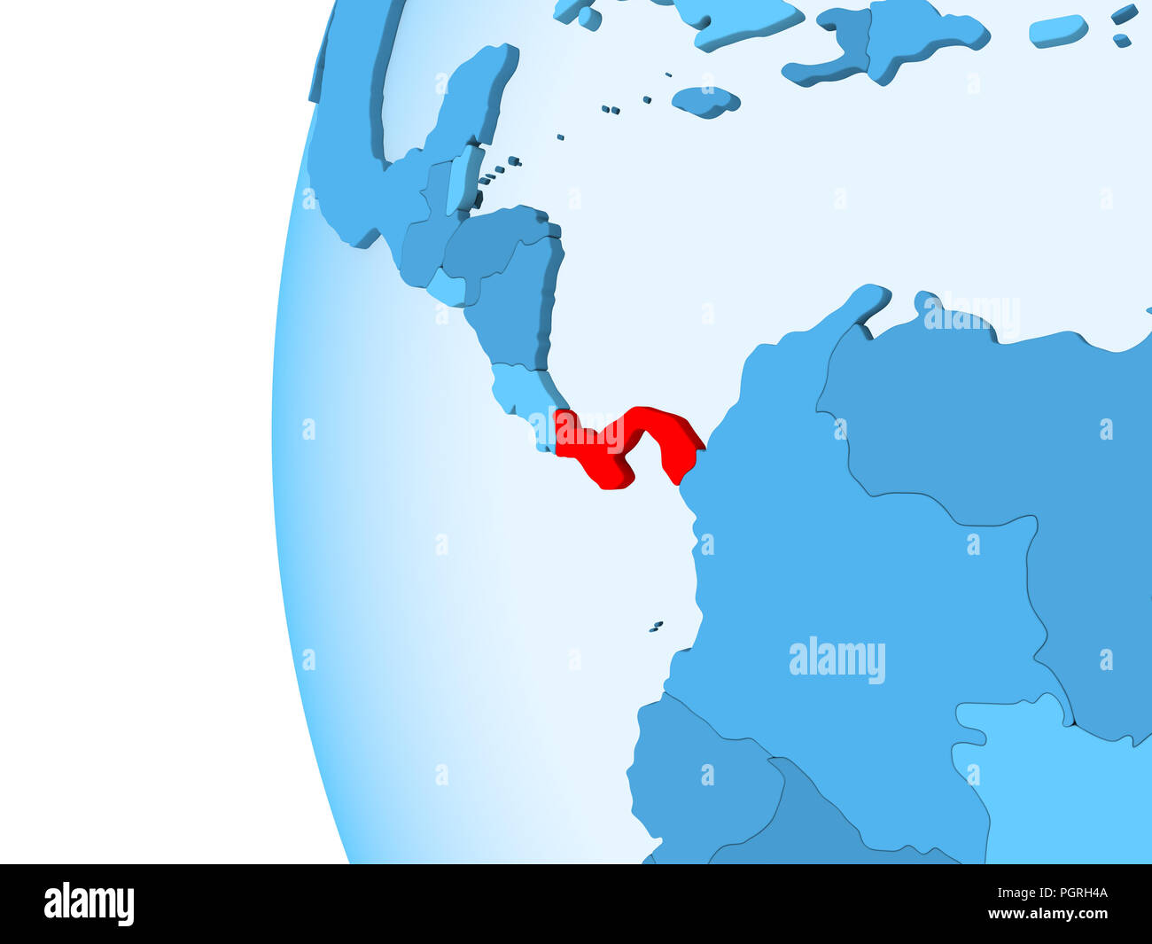 3D render of Panama in red on blue political globe with transparent ...
