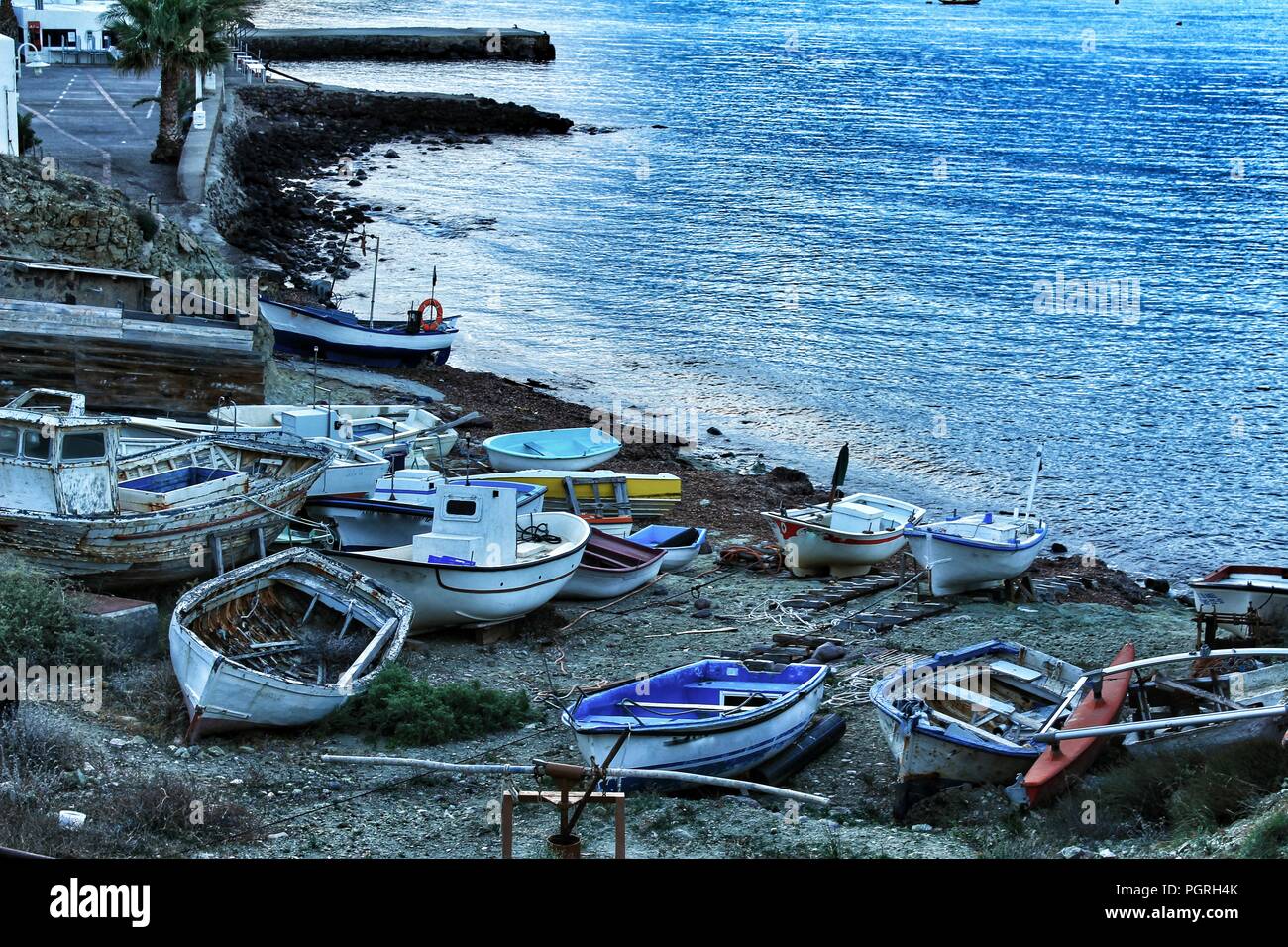 Fishing boats on the shore in the morning in Isleta del Moro, Cabo de ...