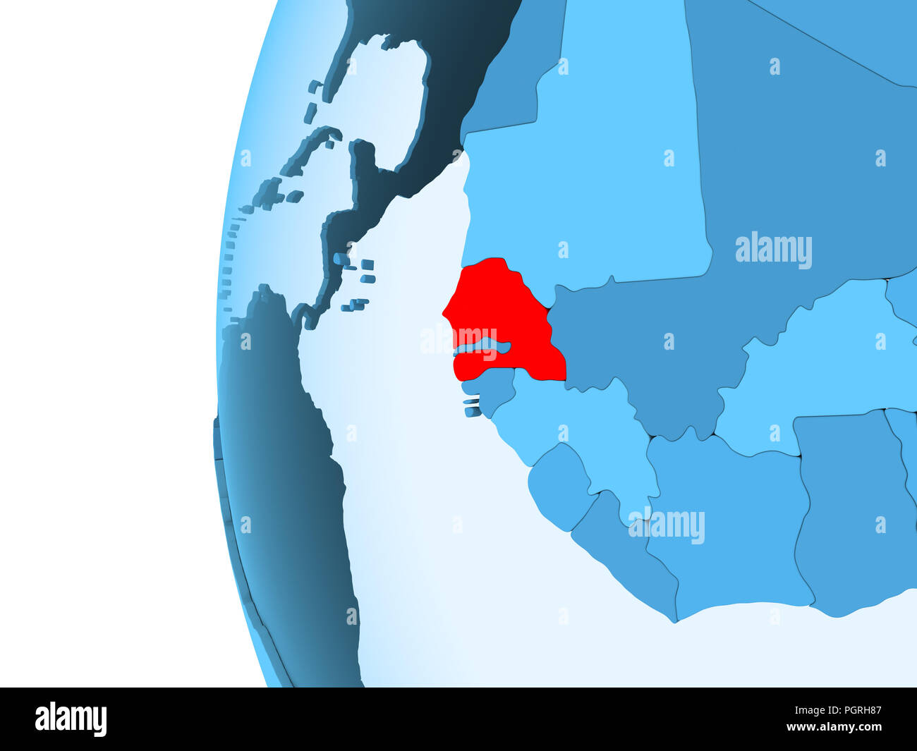 3D render of Senegal in red on blue political globe with transparent ...