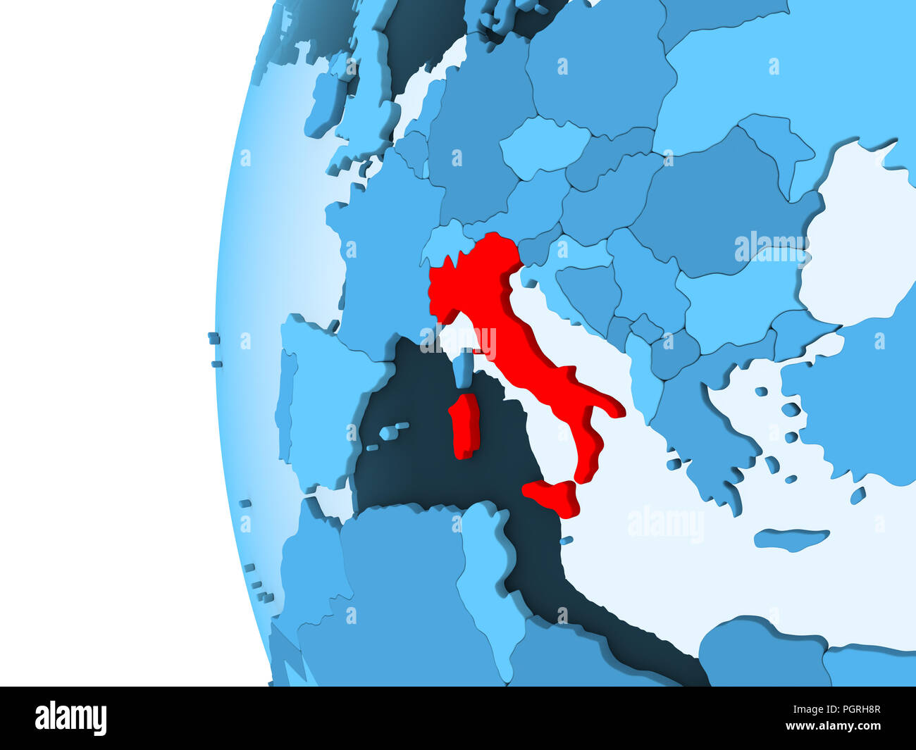 3D render of Italy in red on blue political globe with transparent ...
