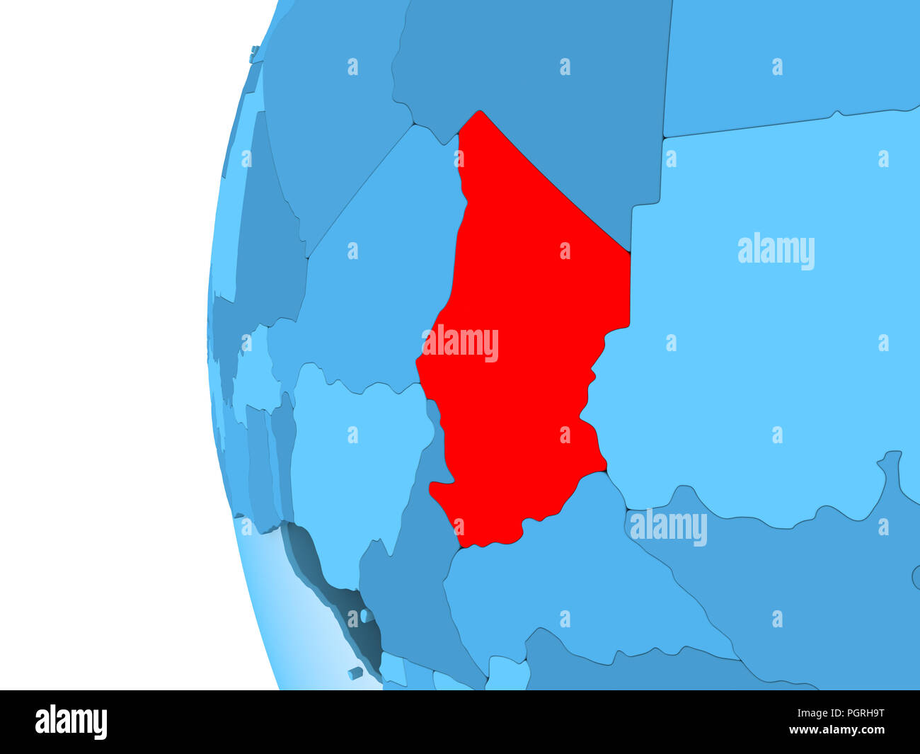 3D render of Chad in red on blue political globe with transparent ...