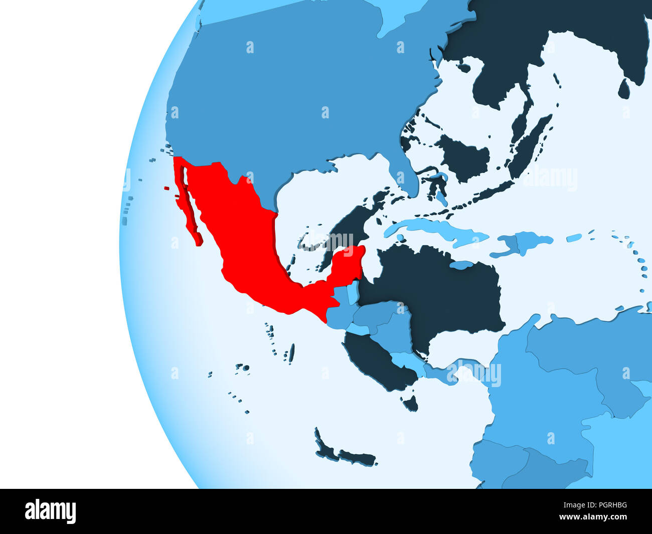 3D render of Mexico in red on blue political globe with transparent ...