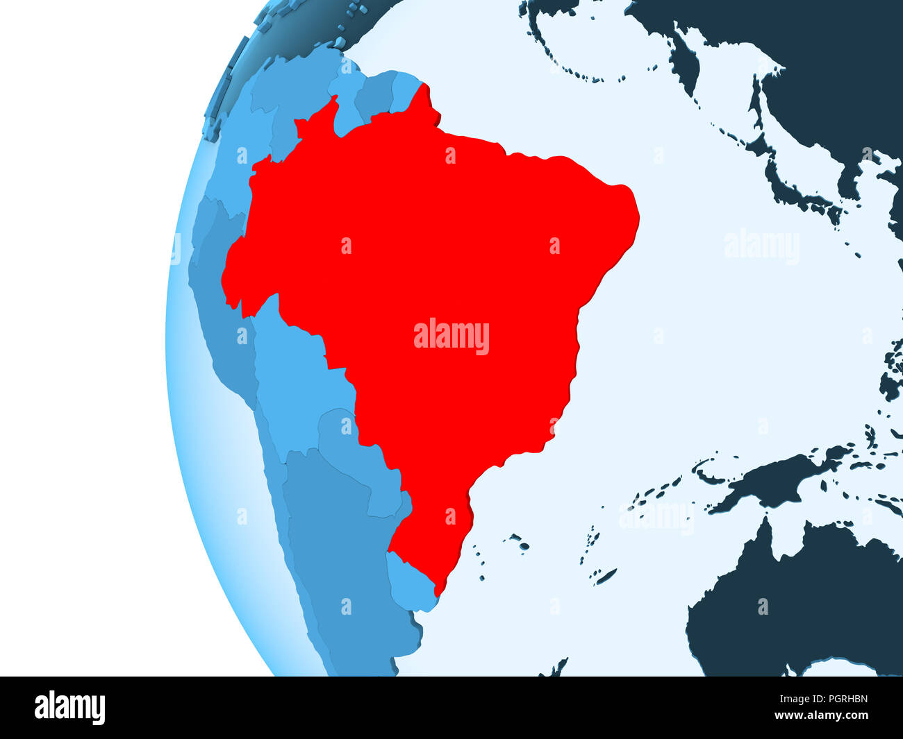 3D render of Brazil in red on blue political globe with transparent ...