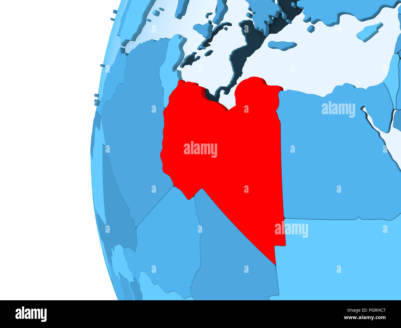 3D render of Libya in red on blue political globe with transparent ...
