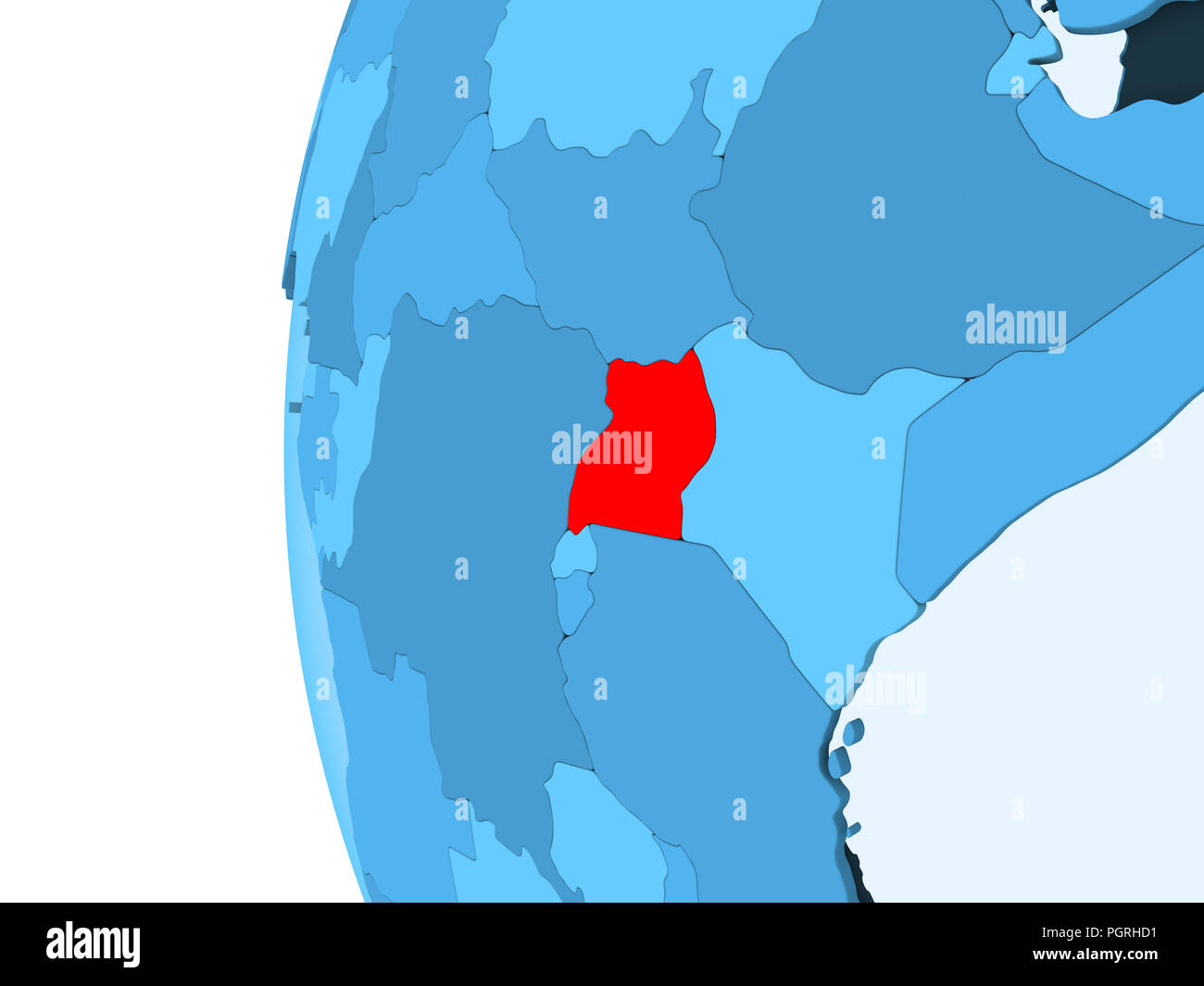 3D render of Uganda in red on blue political globe with transparent ...