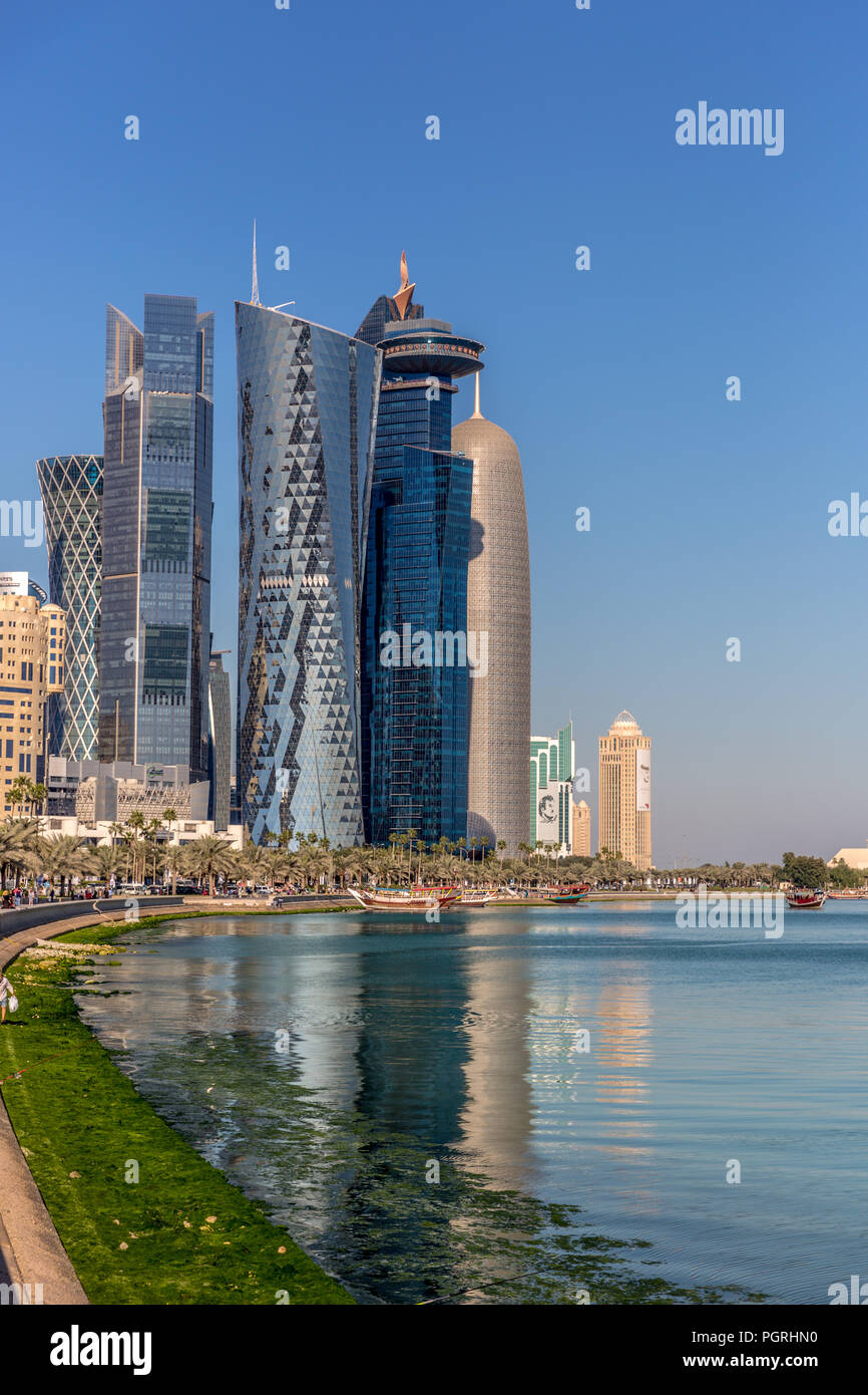 Moderns buildings under construction in downtown Doha in a blue sky day ...