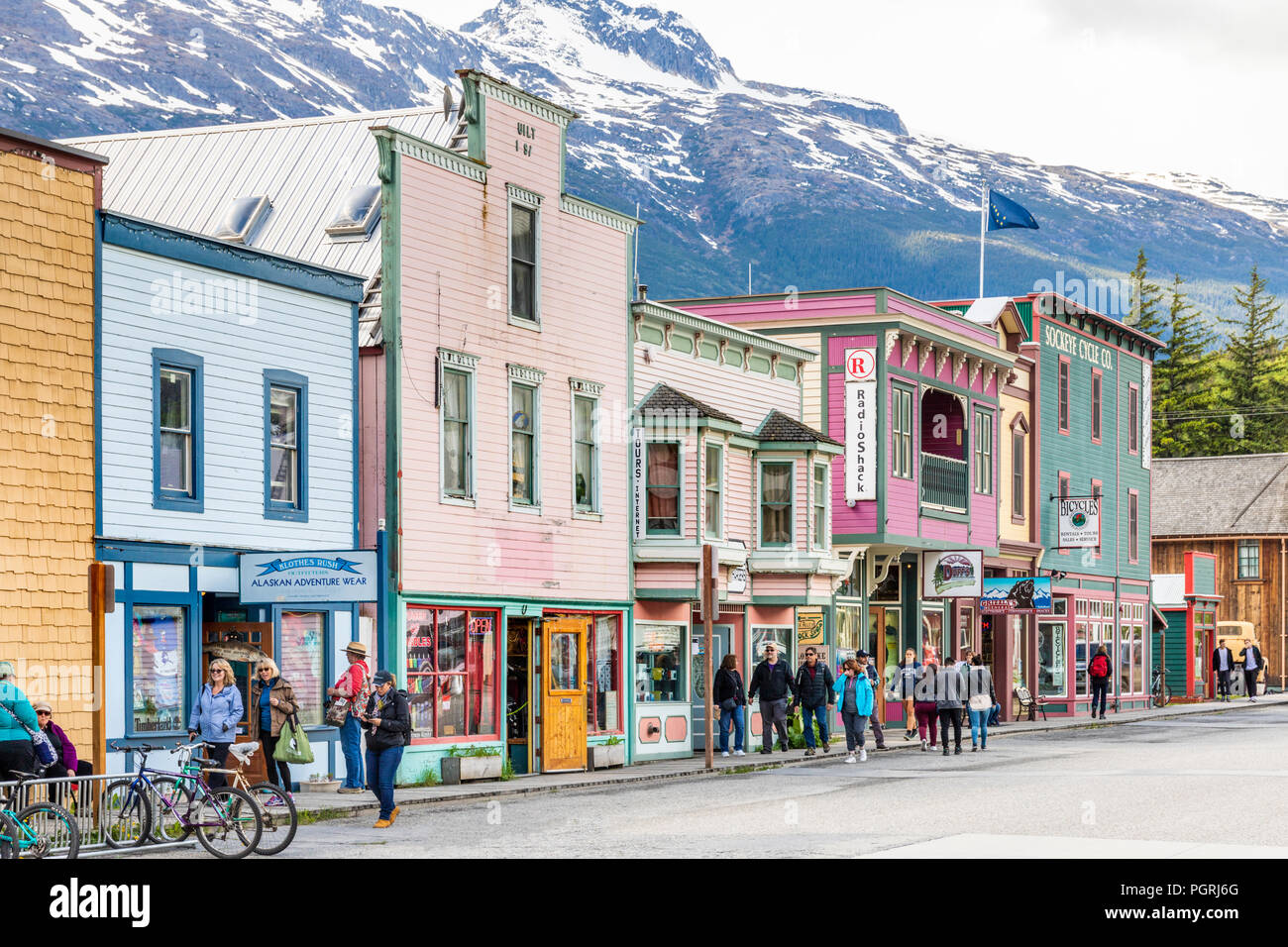 Colourful timber buildings in the main street of Skagway, Alaska USA ...