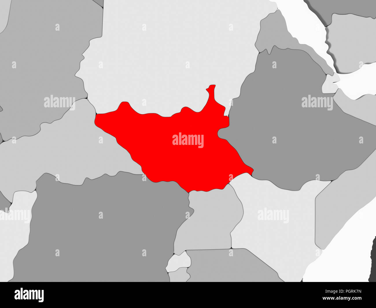 South Sudan in red on grey political map with transparent oceans. 3D ...