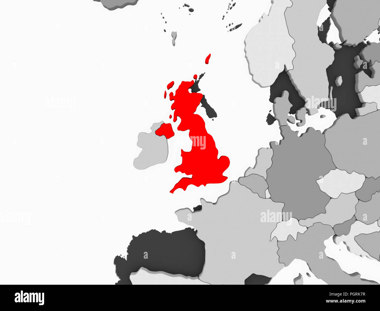 United Kingdom in red on grey political map with transparent oceans. 3D ...