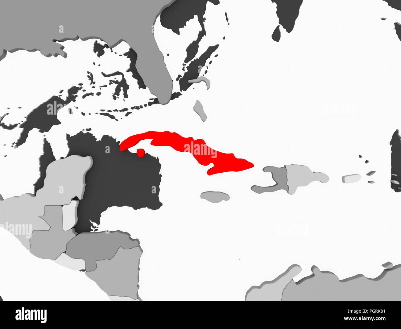 Cuba in red on grey political map with transparent oceans. 3D ...