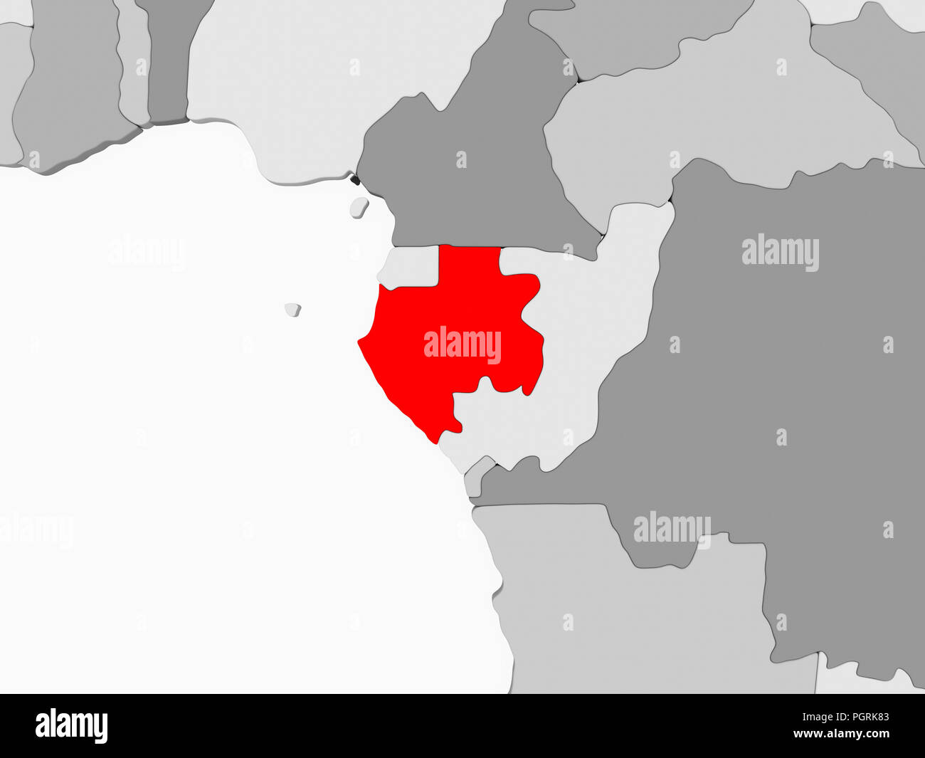 Gabon in red on grey political map with transparent oceans. 3D ...