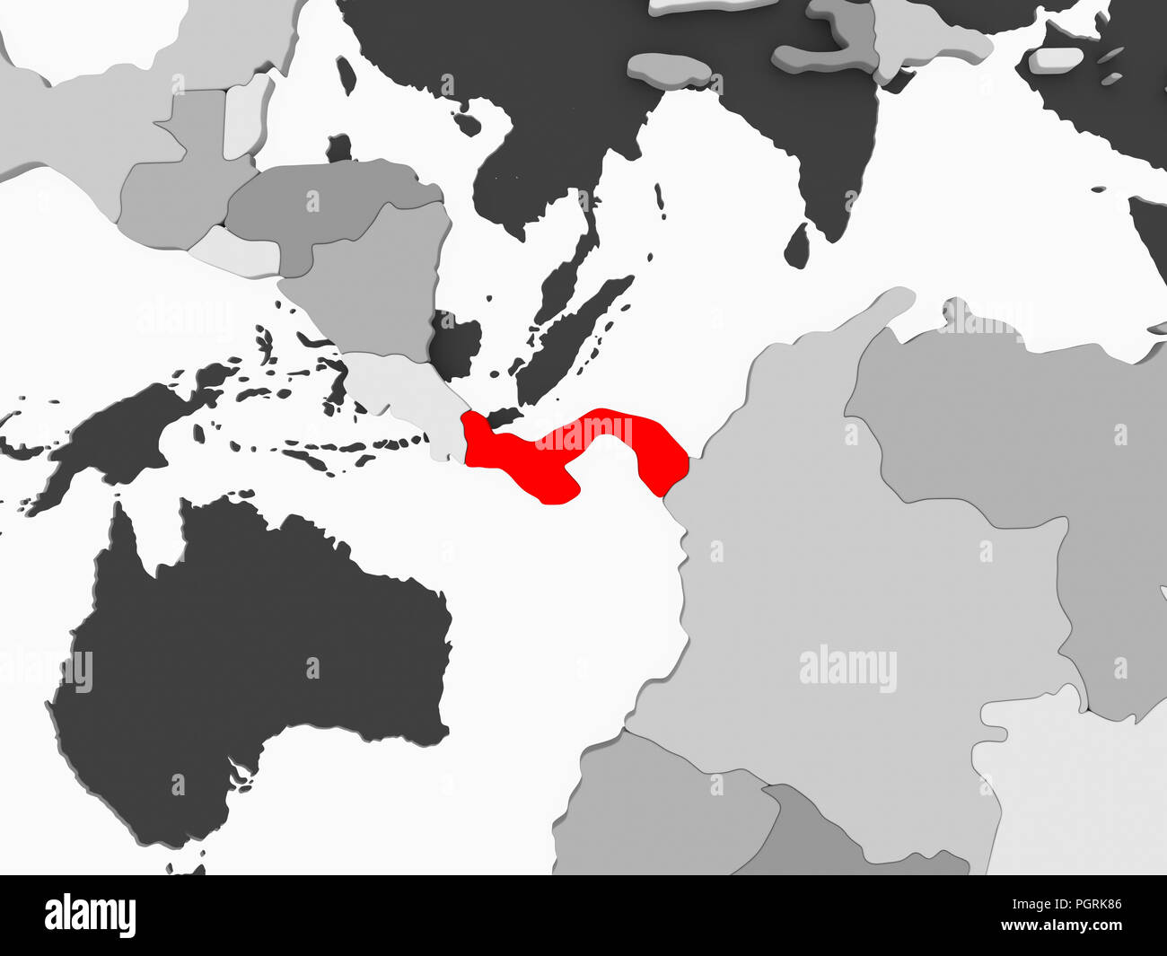 Panama in red on grey political map with transparent oceans. 3D ...
