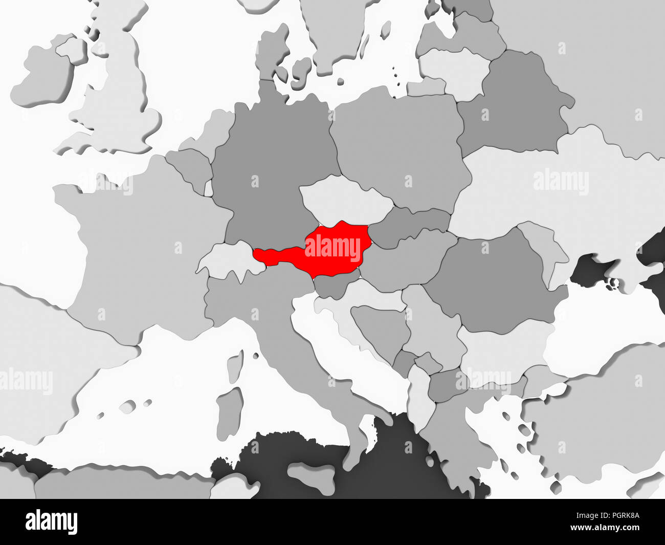 Austria in red on grey political map with transparent oceans. 3D ...