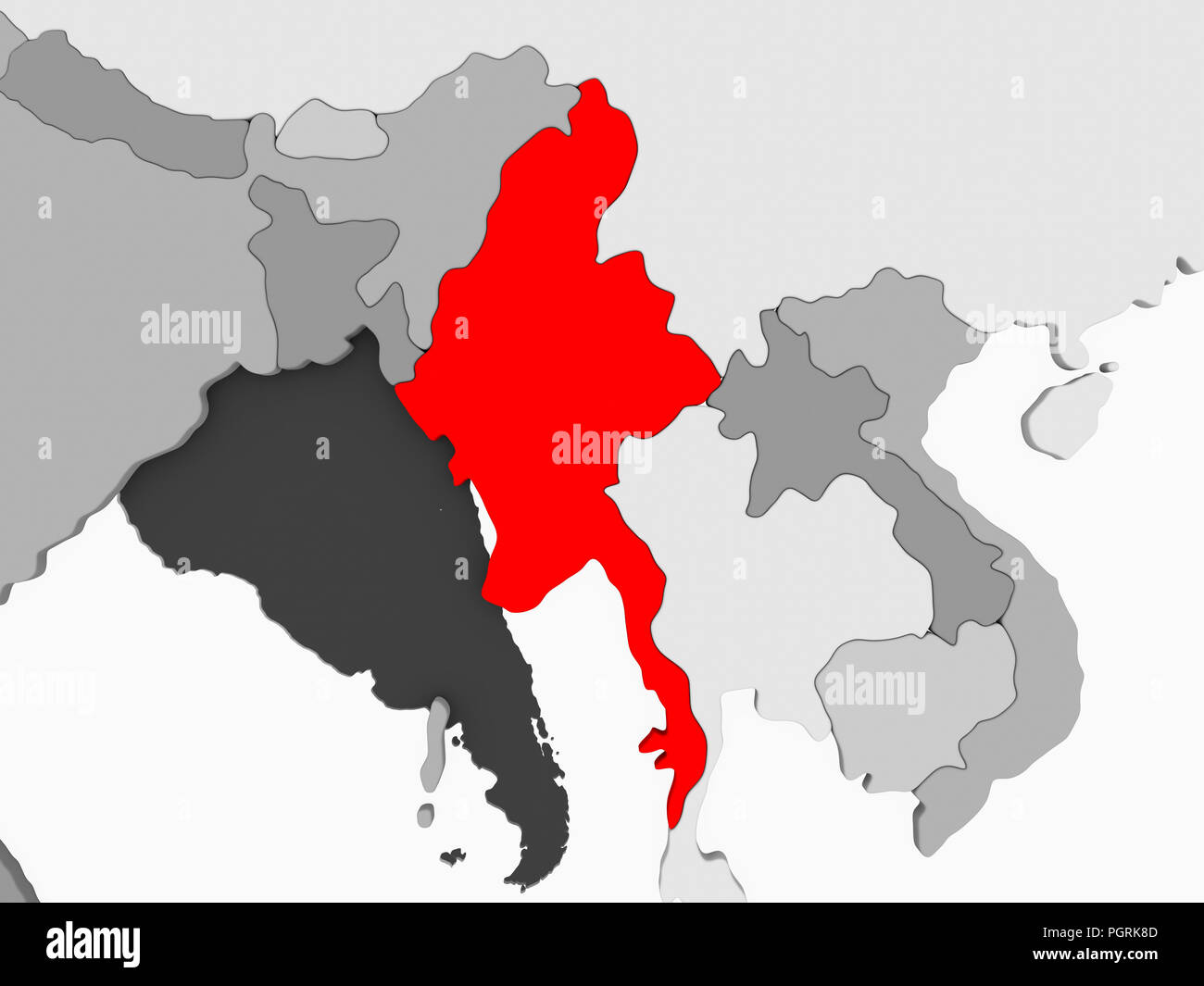 Myanmar in red on grey political map with transparent oceans. 3D ...