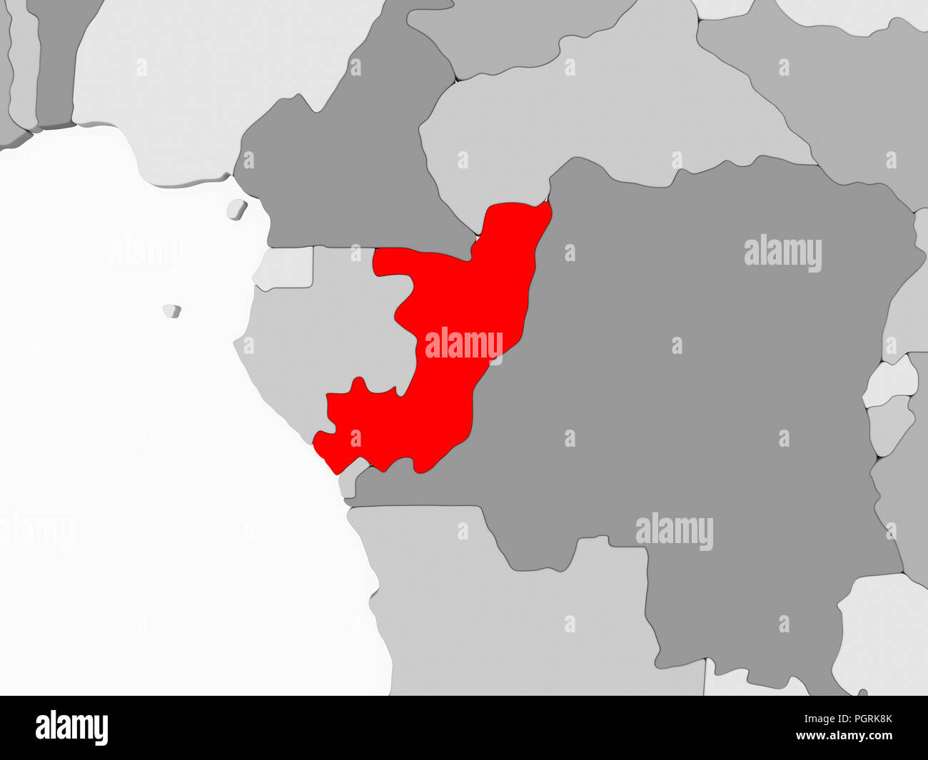 Congo in red on grey political map with transparent oceans. 3D ...