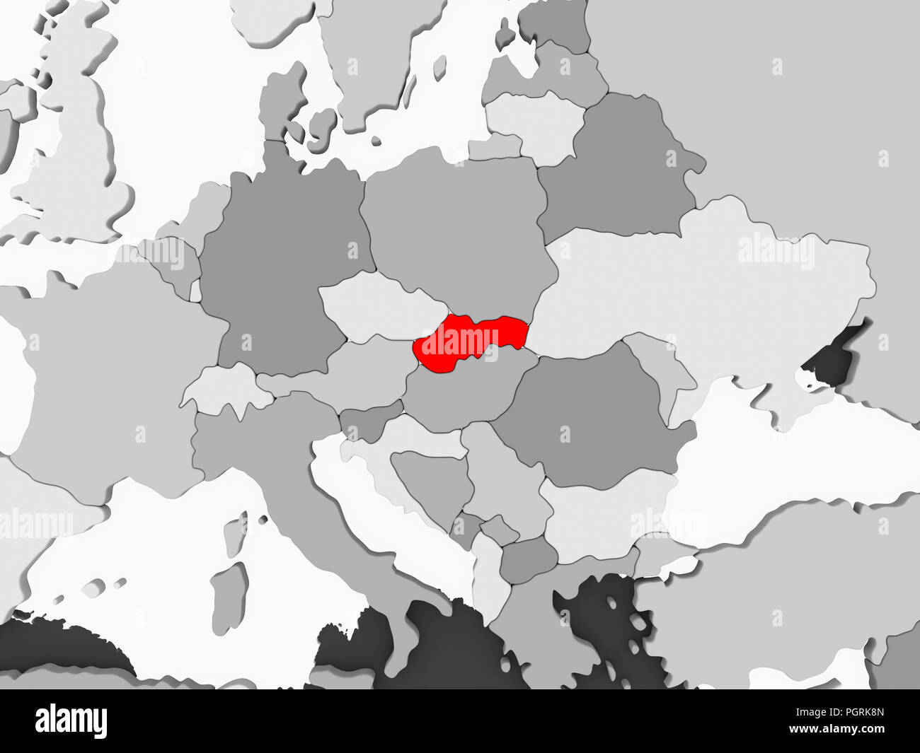 Slovakia in red on grey political map with transparent oceans. 3D ...