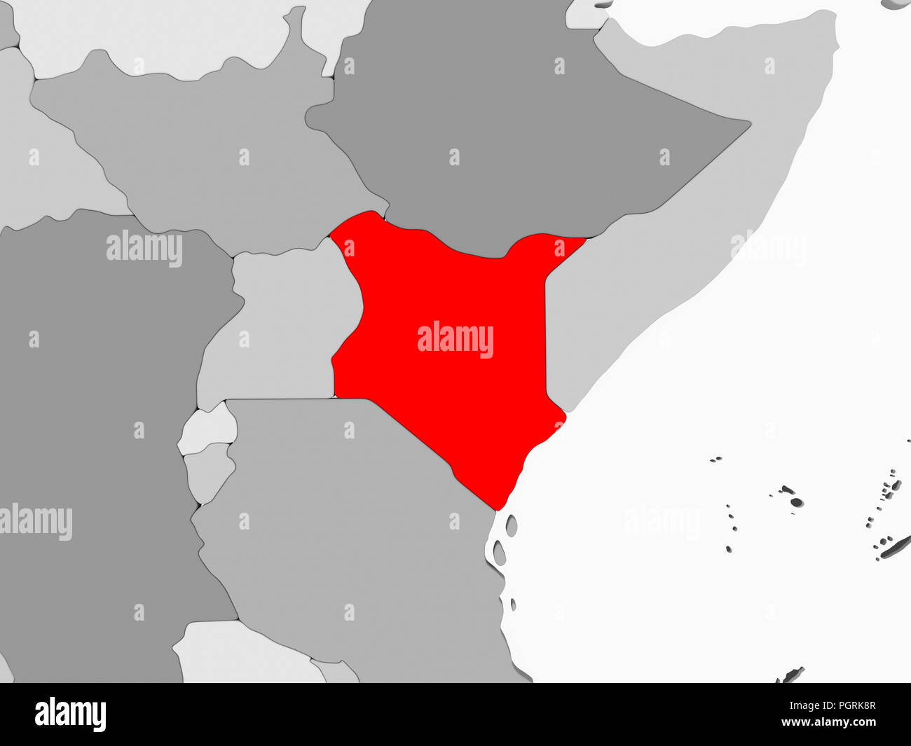 Kenya in red on grey political map with transparent oceans. 3D ...