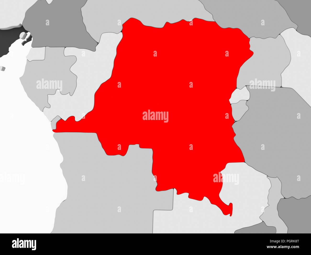 Democratic Republic of Congo in red on grey political map with ...
