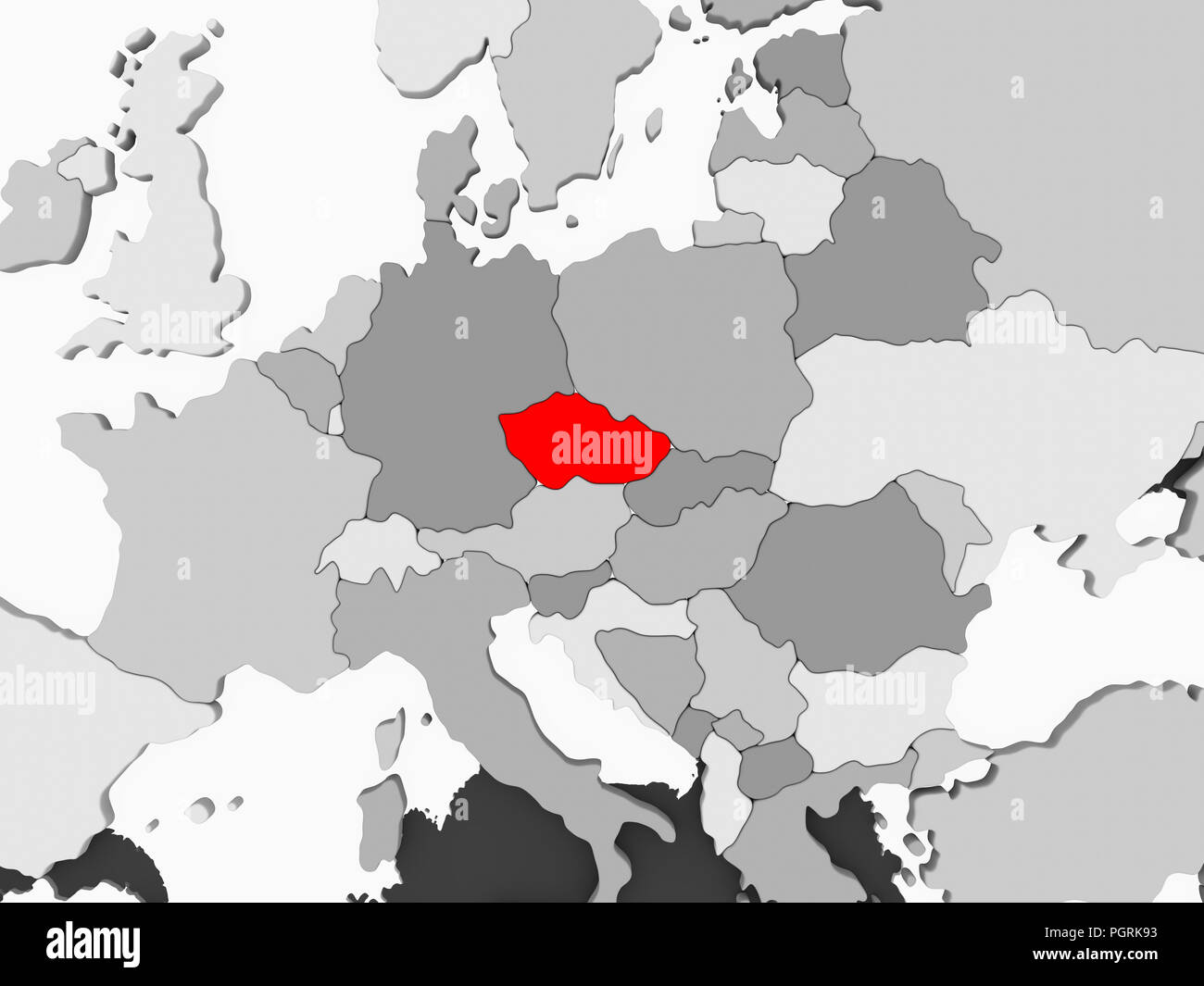Czech republic in red on grey political map with transparent oceans. 3D ...