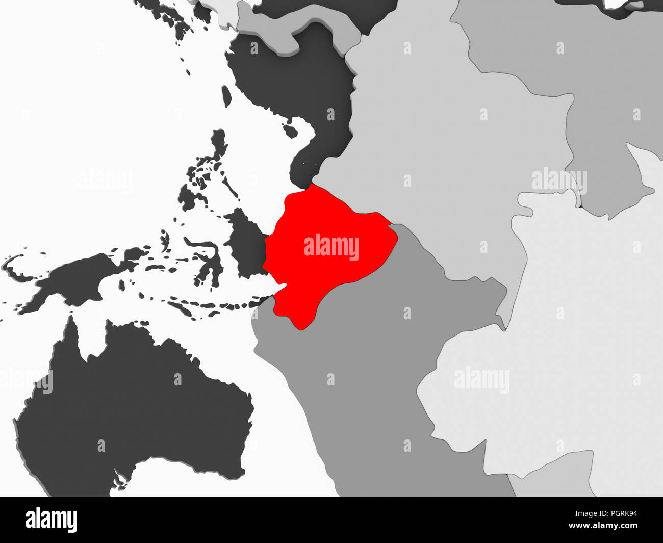 Ecuador in red on grey political map with transparent oceans. 3D ...