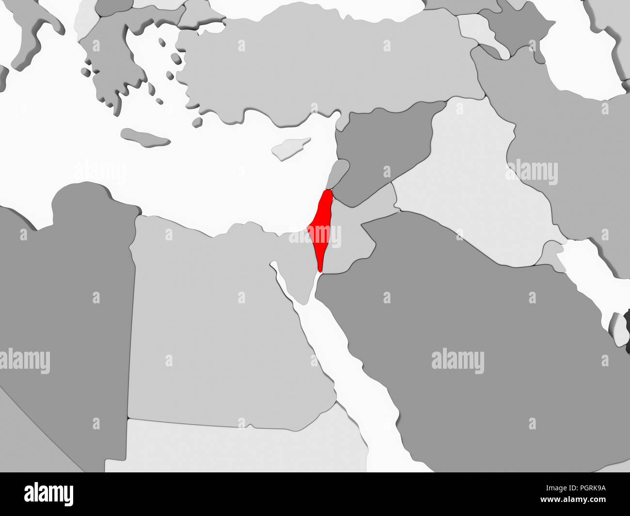 Israel in red on grey political map with transparent oceans. 3D ...