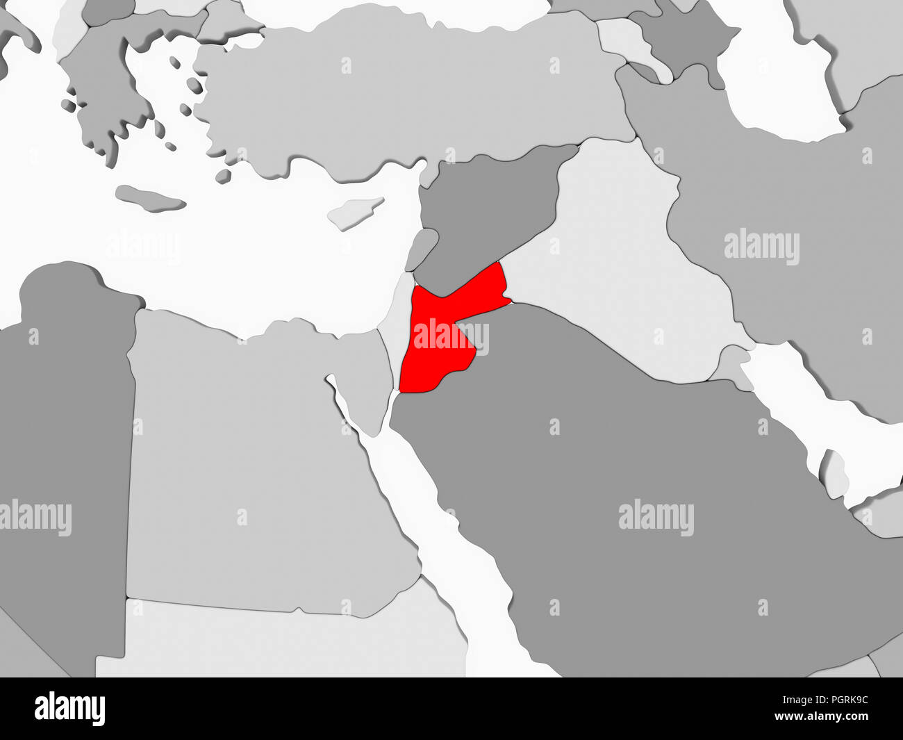 Jordan in red on grey political map with transparent oceans. 3D ...