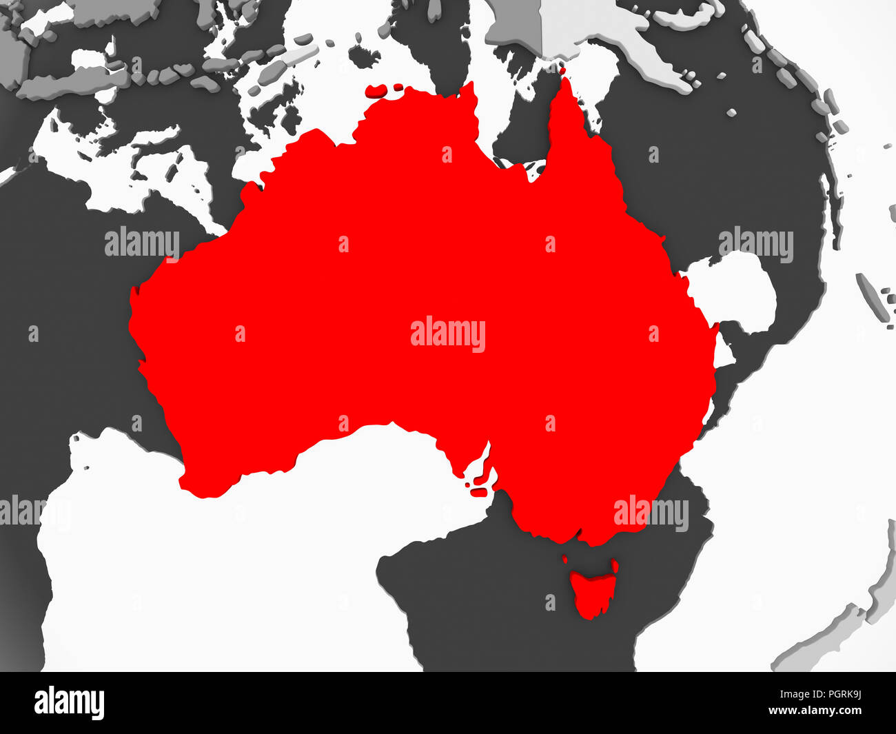 Australia in red on grey political map with transparent oceans. 3D ...