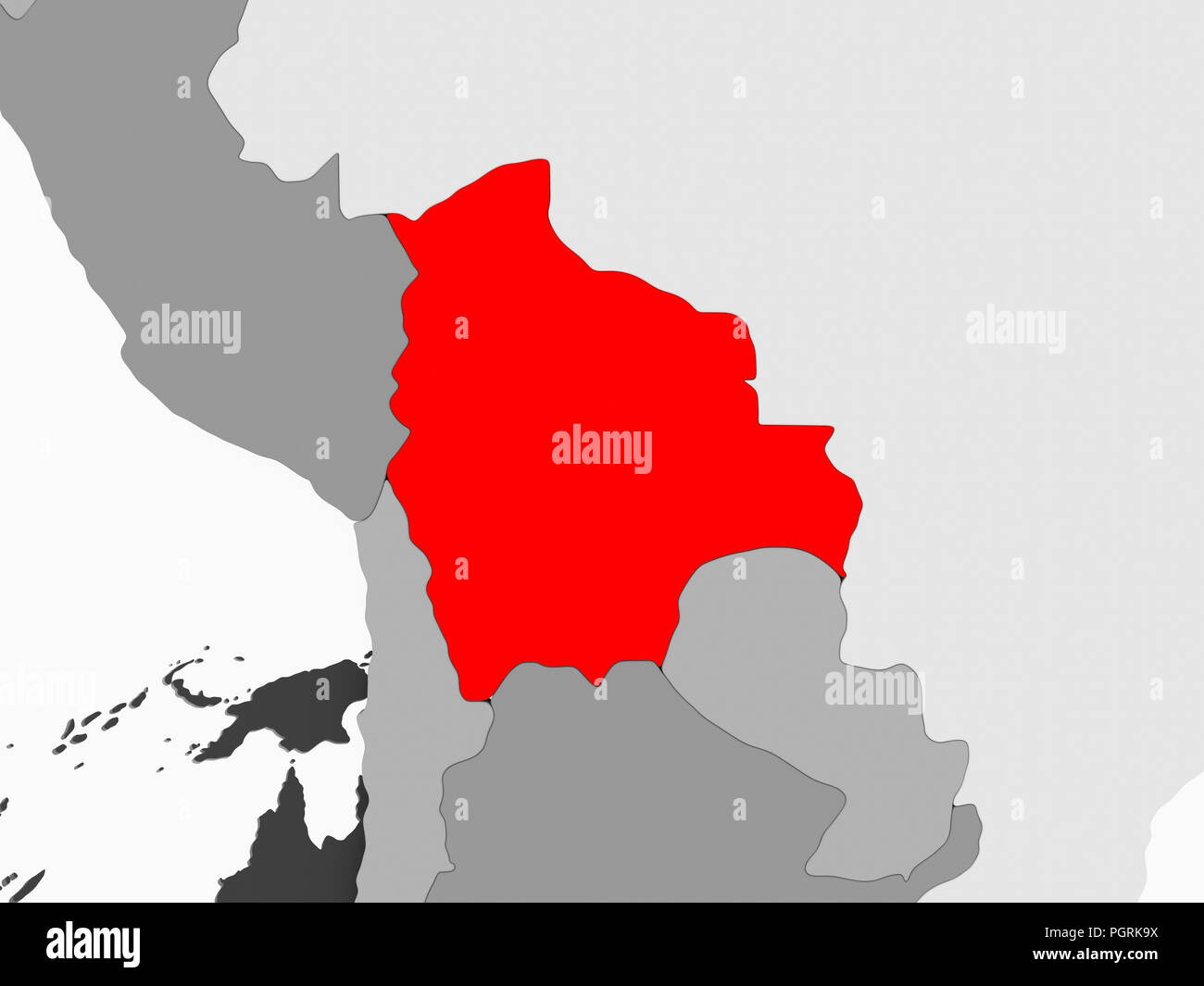 Bolivia in red on grey political map with transparent oceans. 3D ...