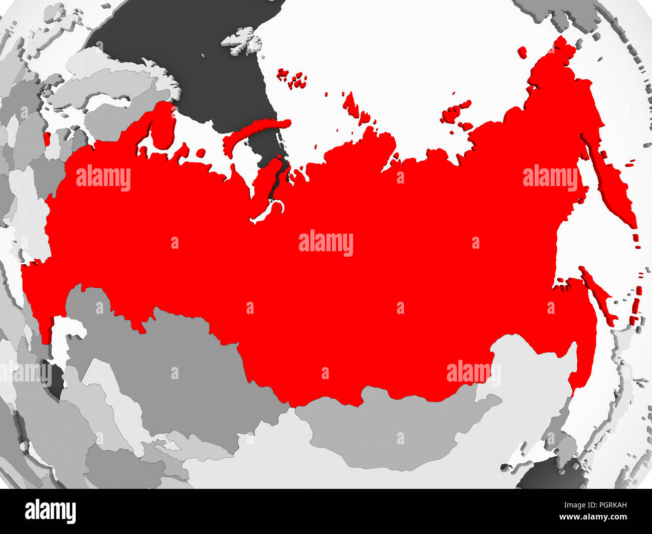 Russia in red on grey political map with transparent oceans. 3D ...