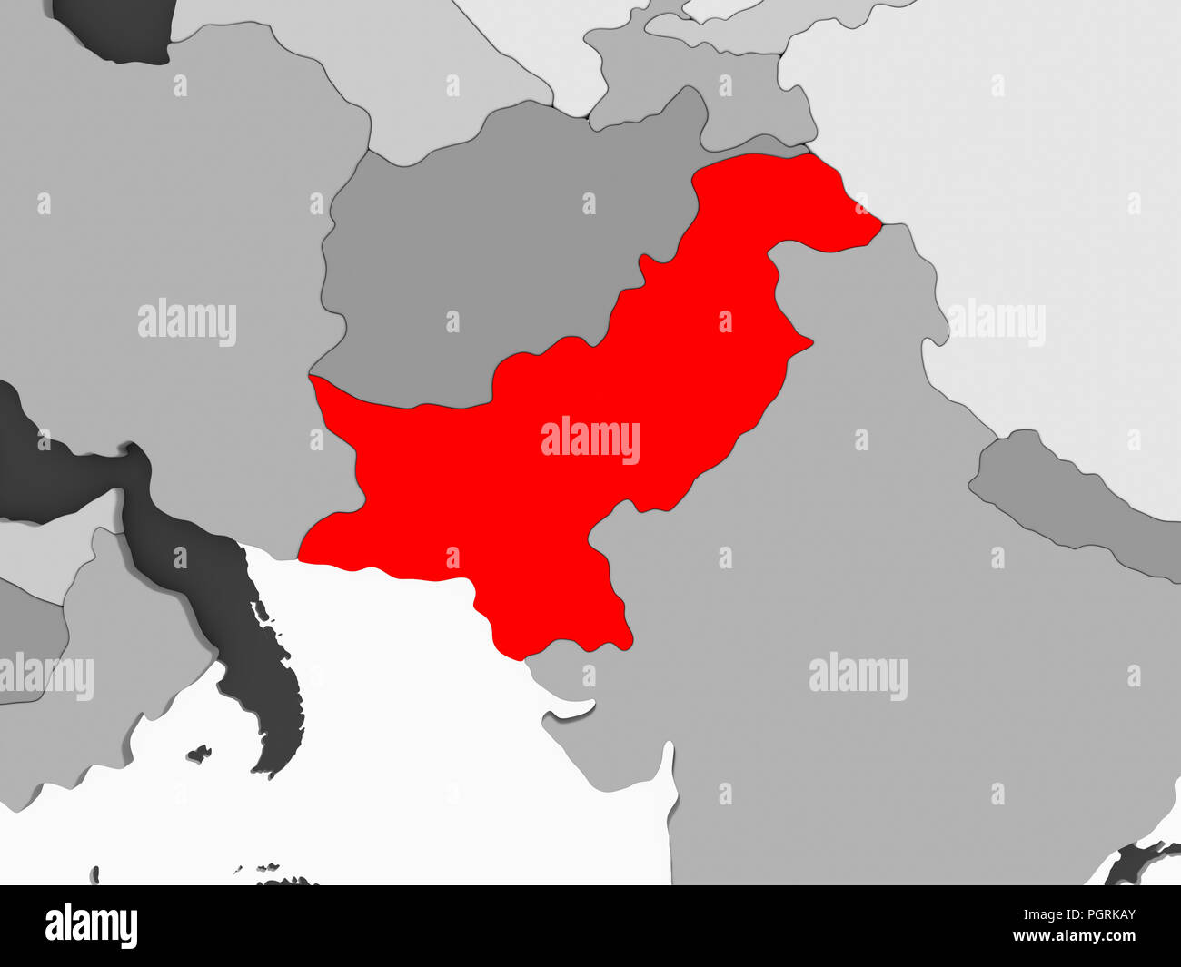 Pakistan in red on grey political map with transparent oceans. 3D ...
