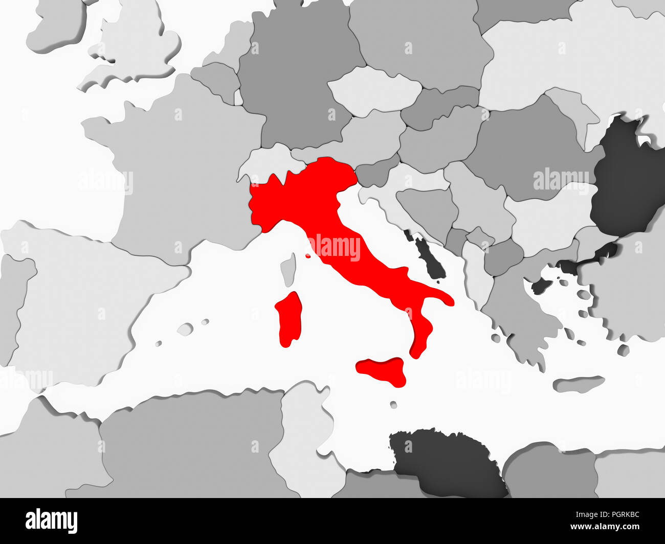 Italy in red on grey political map with transparent oceans. 3D ...