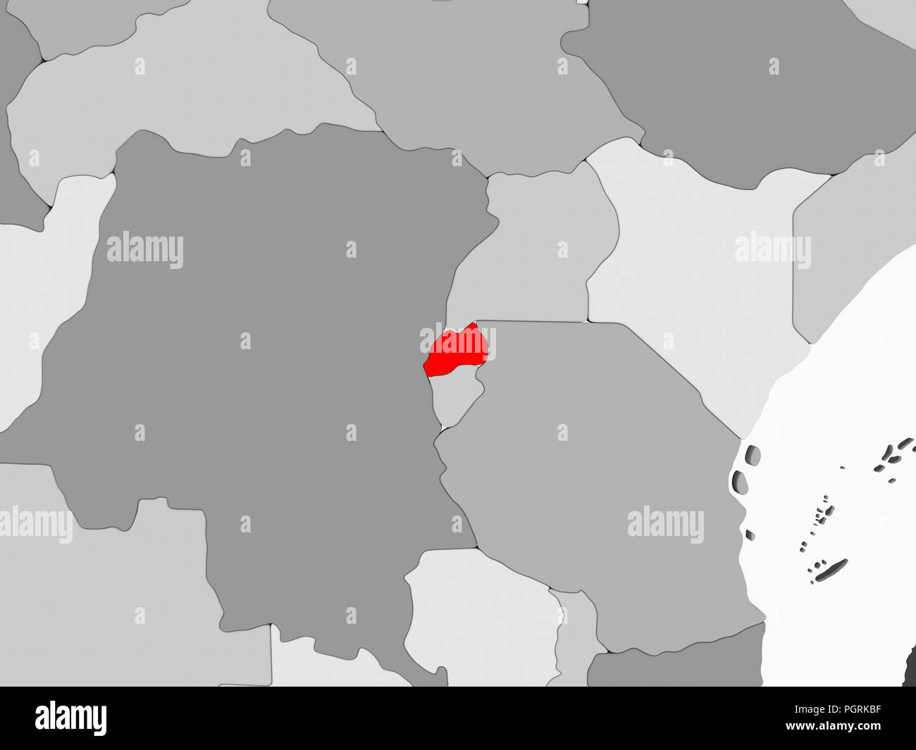 Rwanda in red on grey political map with transparent oceans. 3D ...