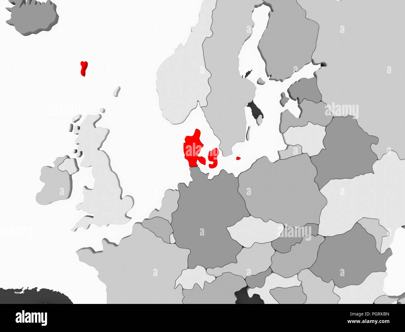 Denmark in red on grey political map with transparent oceans. 3D ...