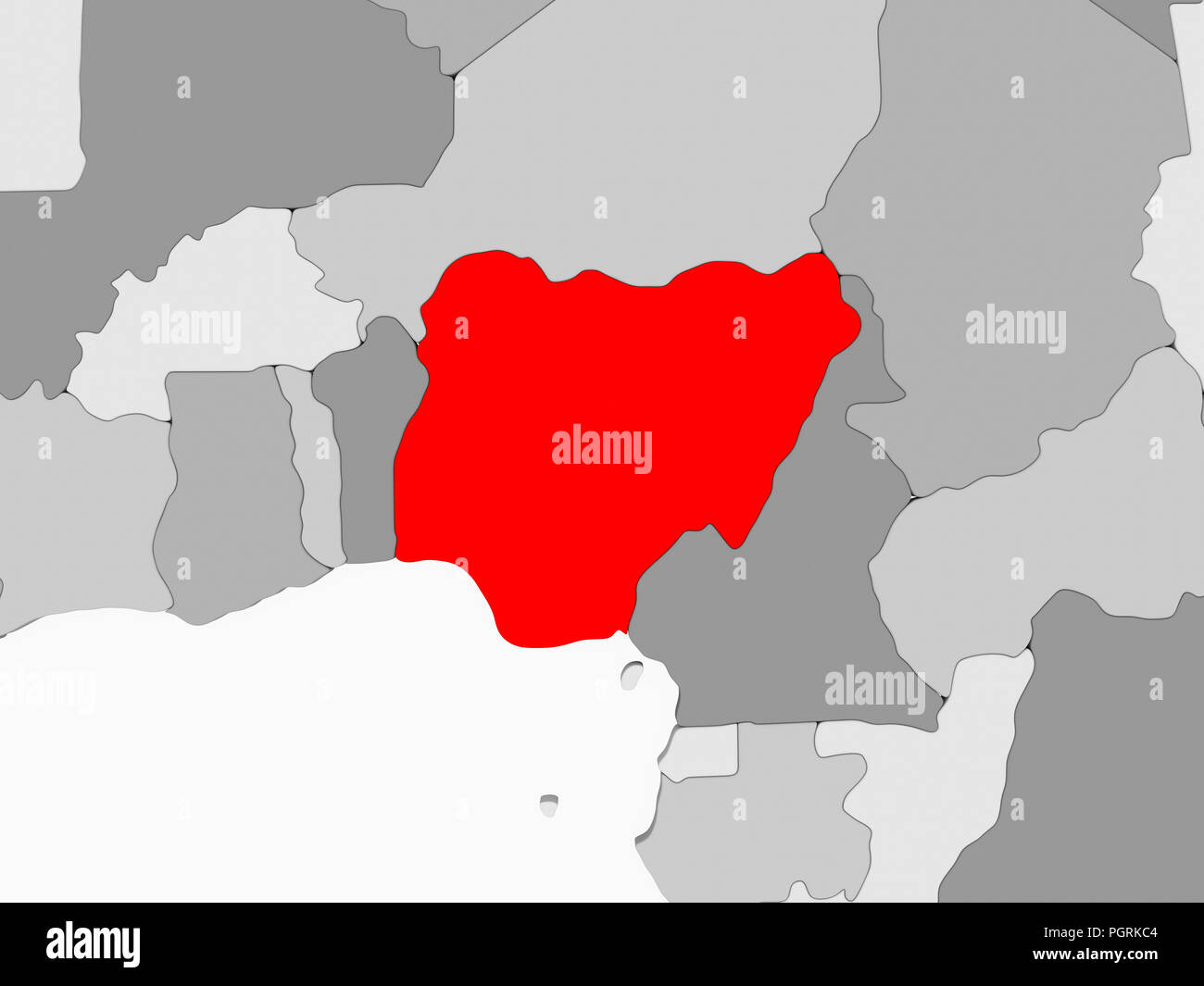 Nigeria in red on grey political map with transparent oceans. 3D ...