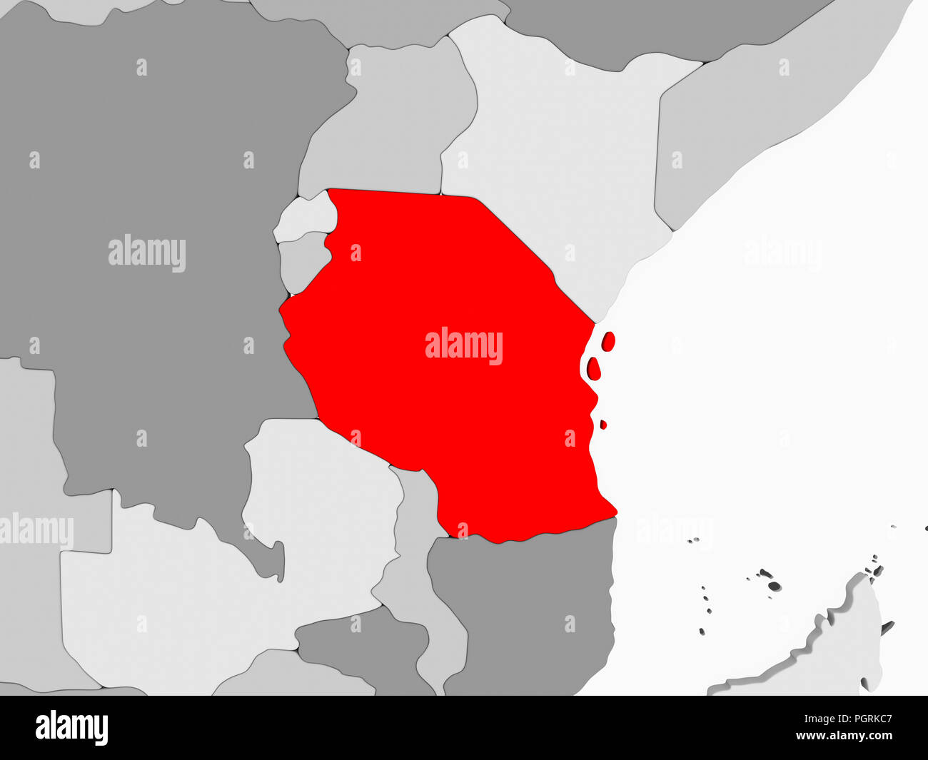 Tanzania in red on grey political map with transparent oceans. 3D ...