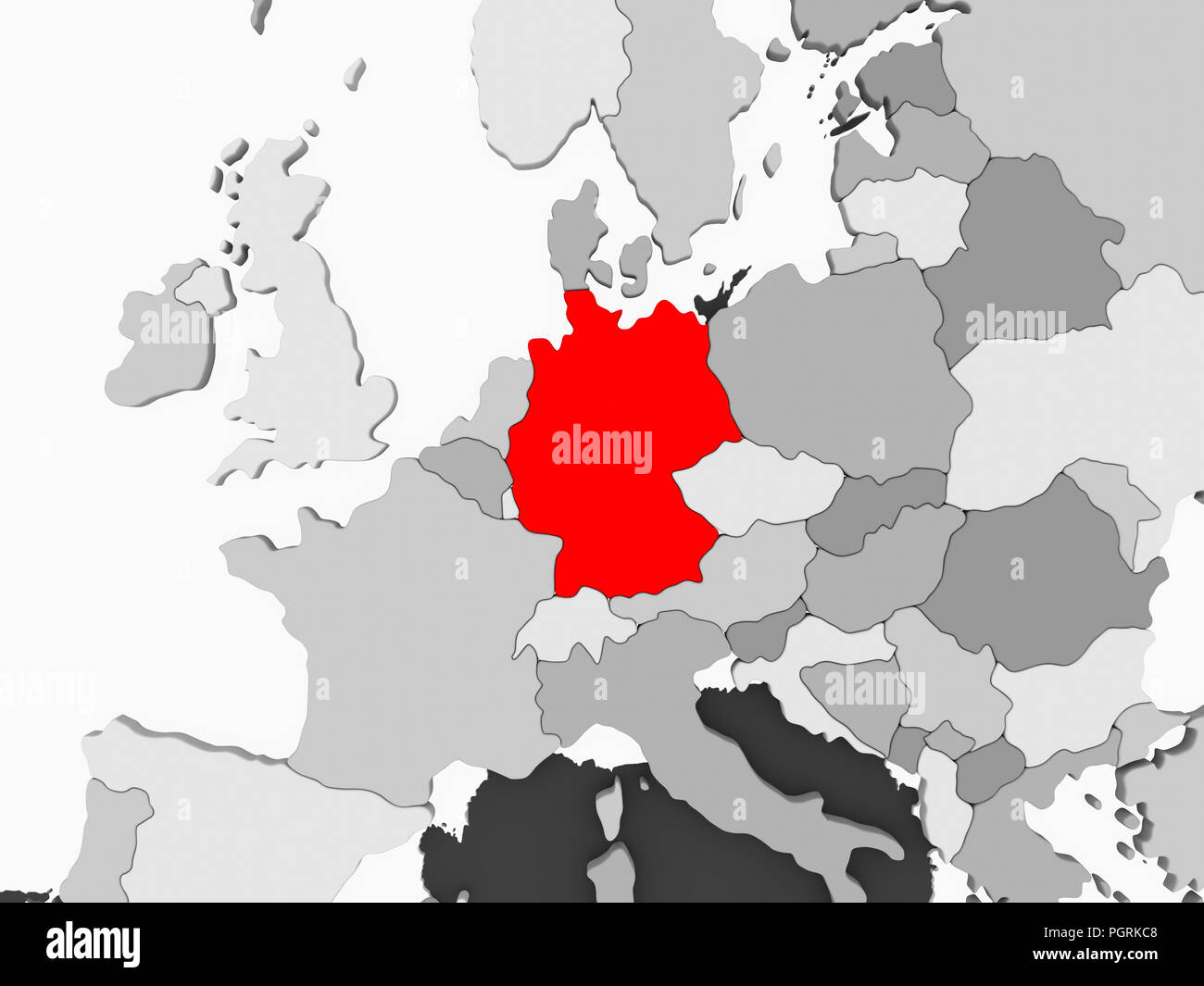 Germany in red on grey political map with transparent oceans. 3D ...
