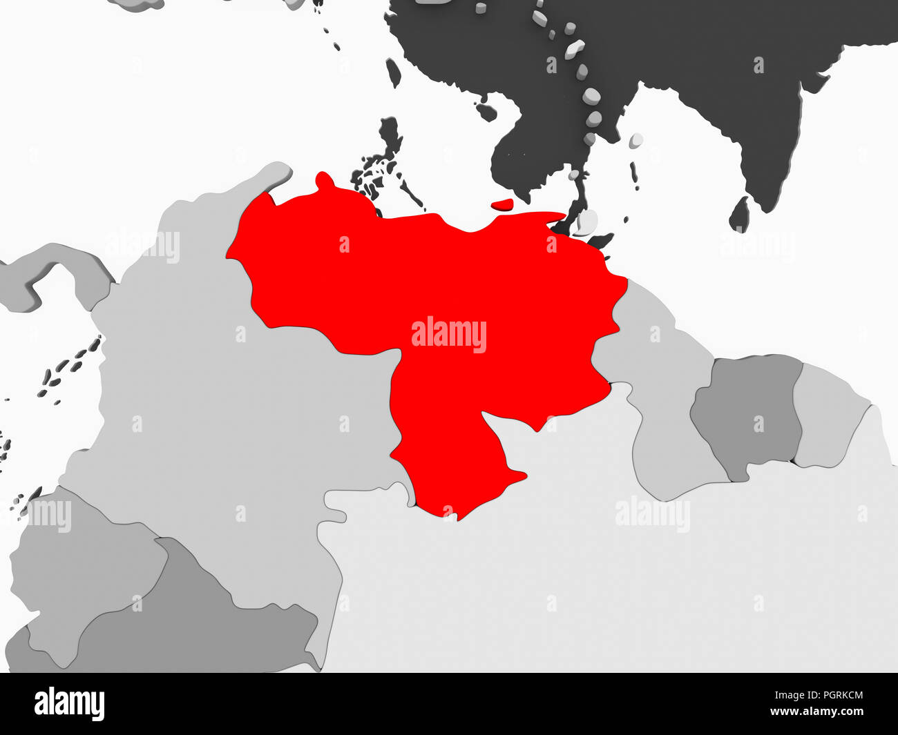 Venezuela in red on grey political map with transparent oceans. 3D ...
