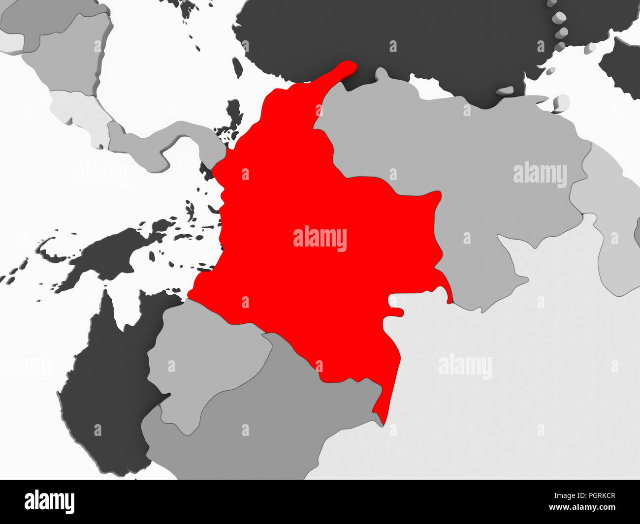 Colombia in red on grey political map with transparent oceans. 3D ...