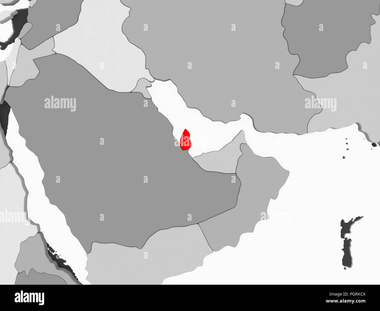 Qatar in red on grey political map with transparent oceans. 3D ...
