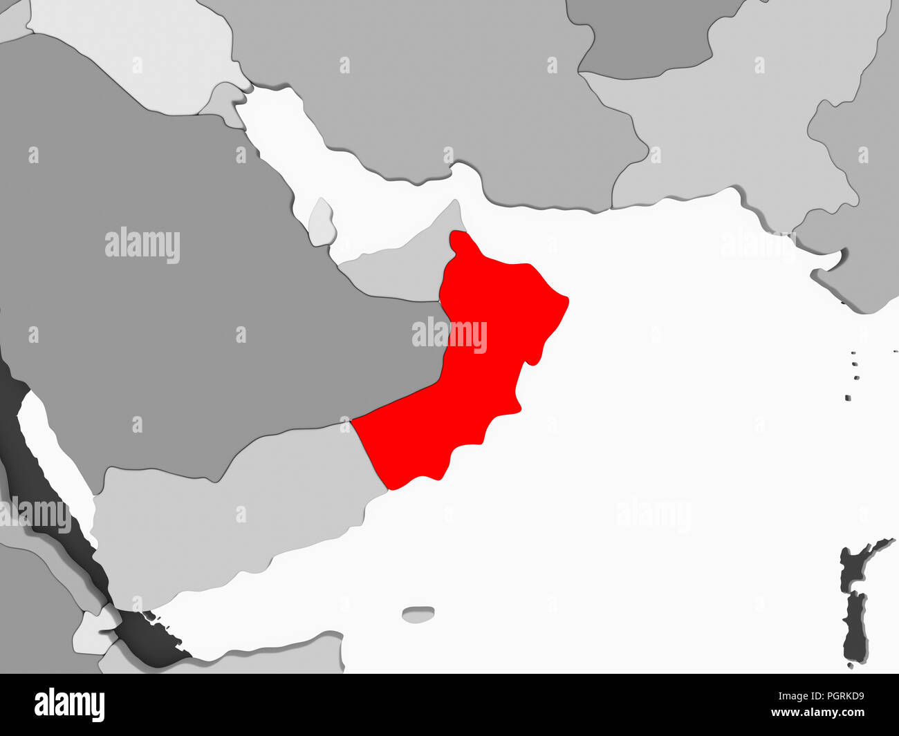 Oman in red on grey political map with transparent oceans. 3D ...