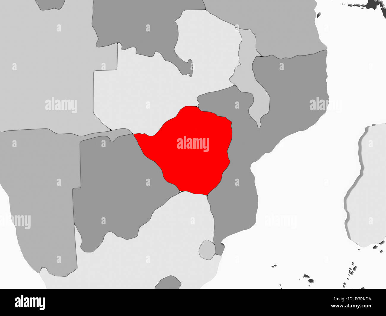 Zimbabwe in red on grey political map with transparent oceans. 3D ...