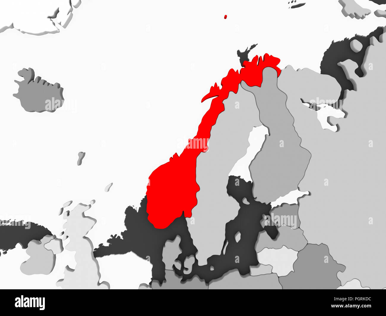 Norway in red on grey political map with transparent oceans. 3D ...