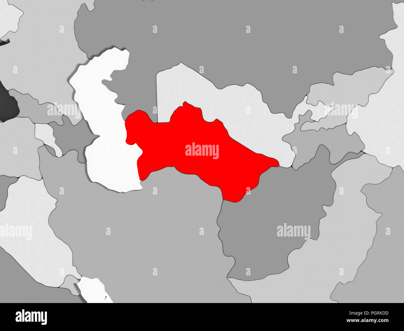 Turkmenistan in red on grey political map with transparent oceans. 3D ...