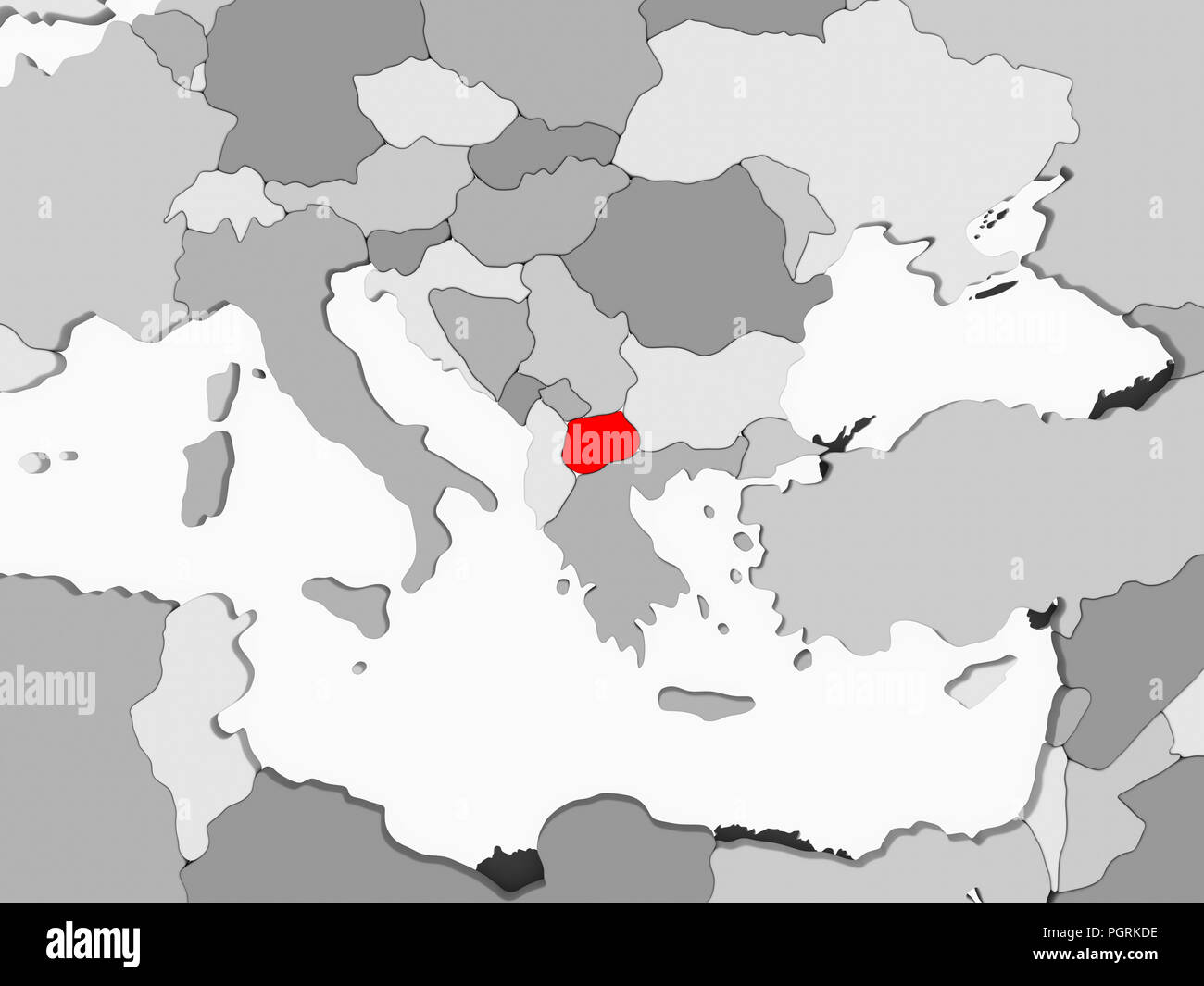 Macedonia in red on grey political map with transparent oceans. 3D ...