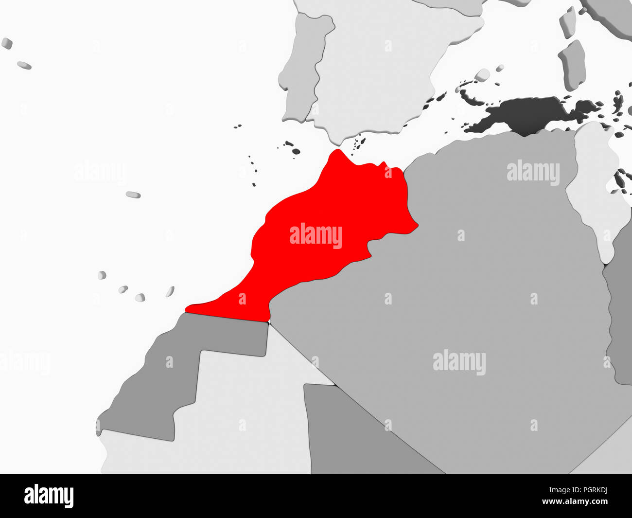Morocco in red on grey political map with transparent oceans. 3D ...