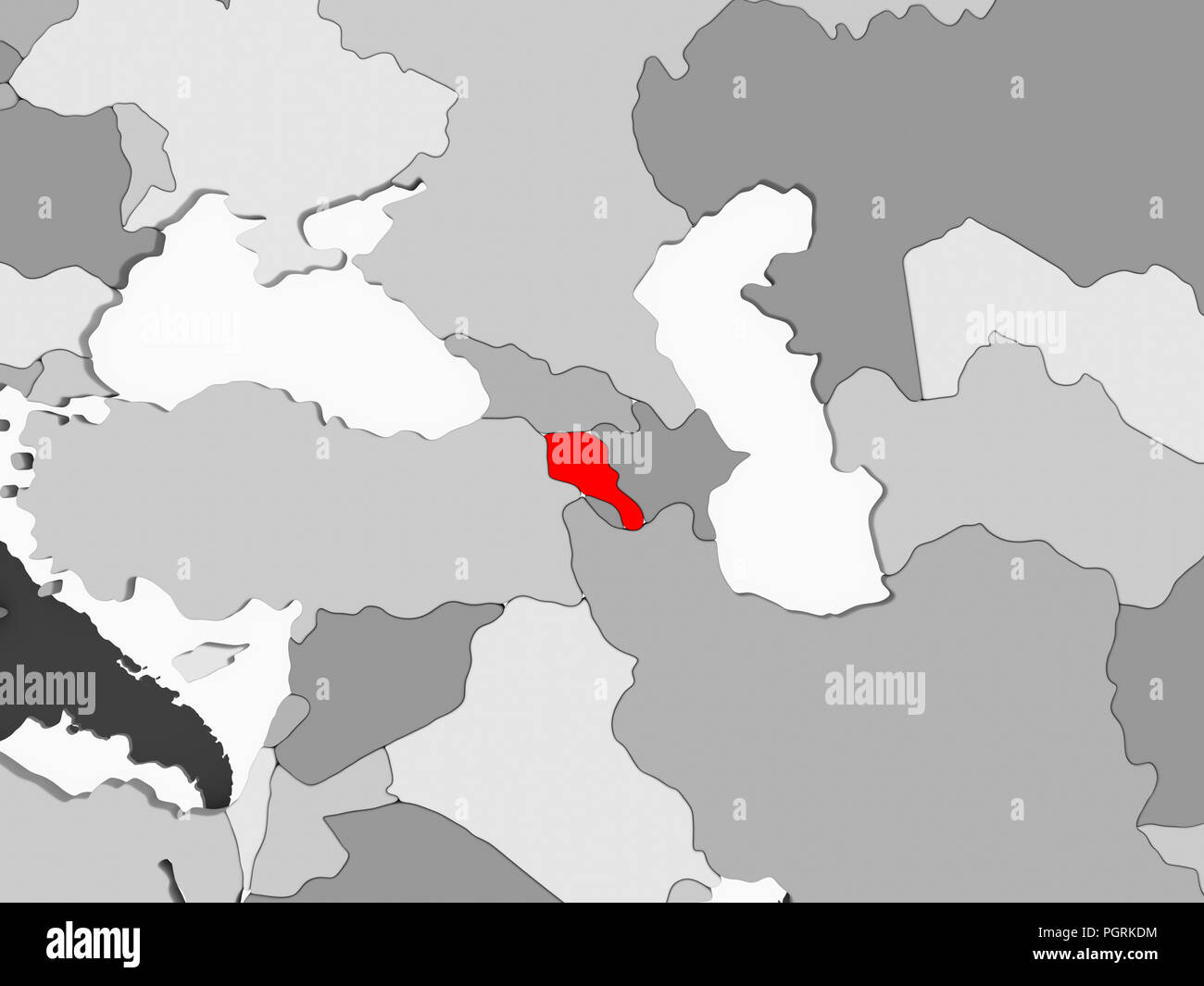 Armenia in red on grey political map with transparent oceans. 3D ...